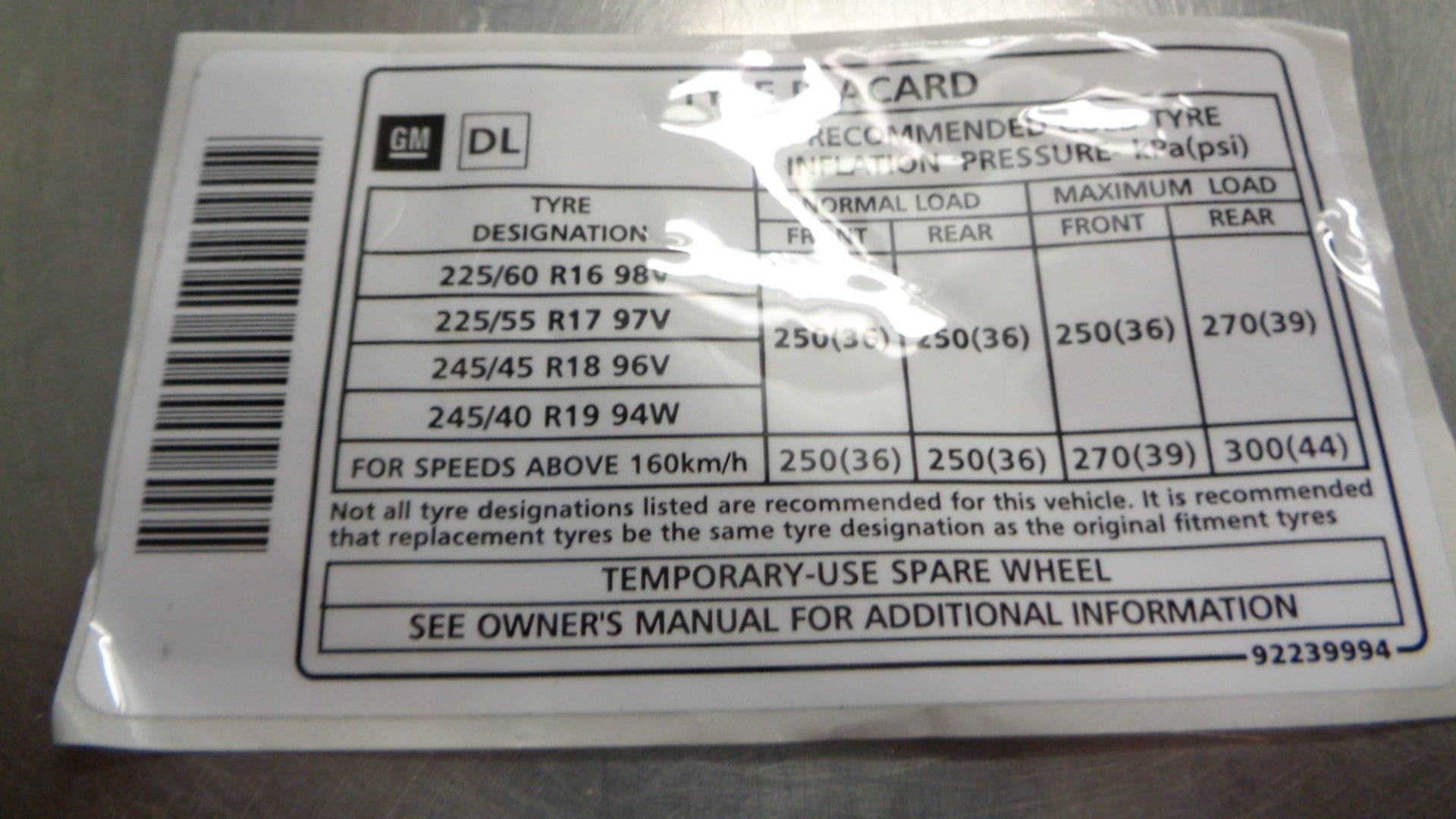 Holden VE Commodore Genuine Tyre Placard New Part – Half Price Parts ...