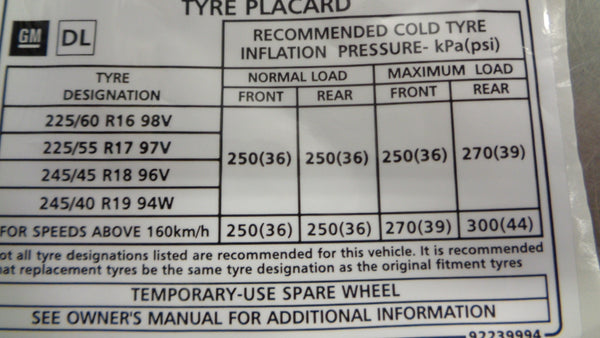 Holden VE Commodore Genuine Tyre Placard New Part – Half Price Parts ...